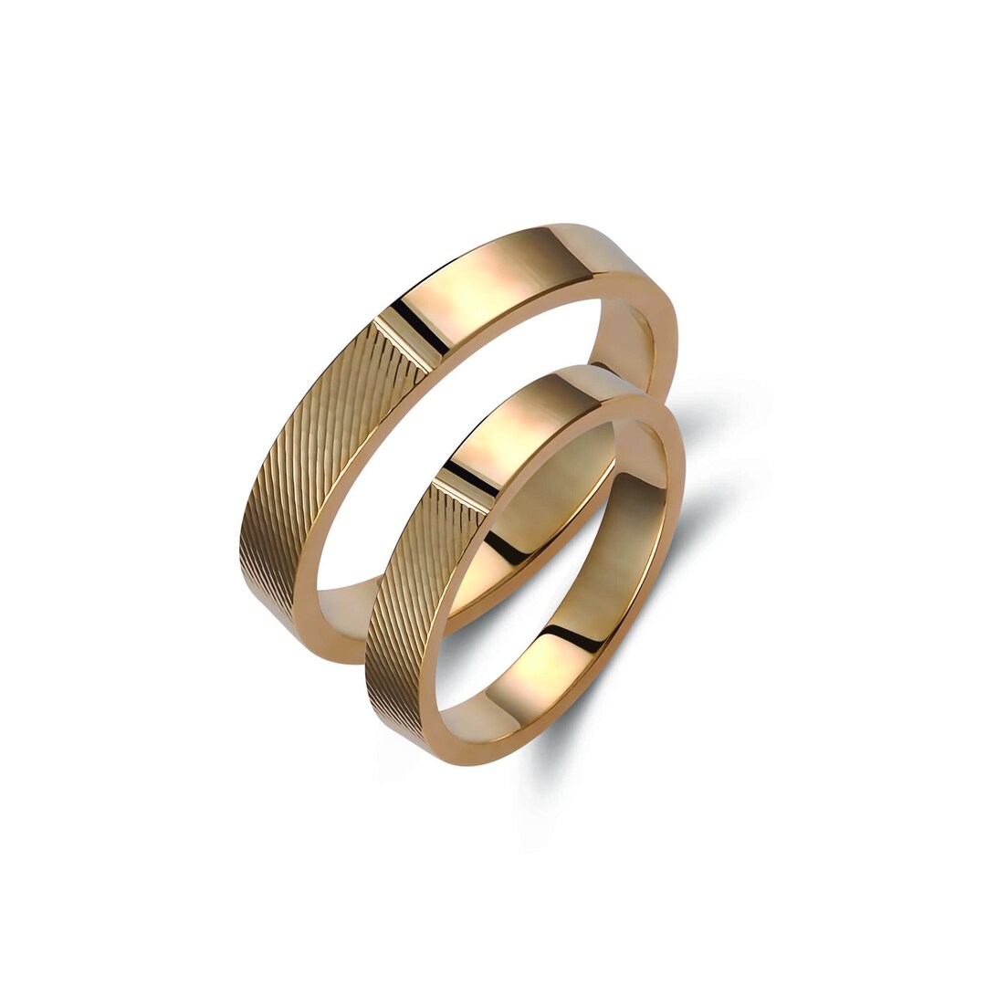 Ribbed Wedding Band Set, 3.5mm Wedding Bands Set, Matching Rings ...