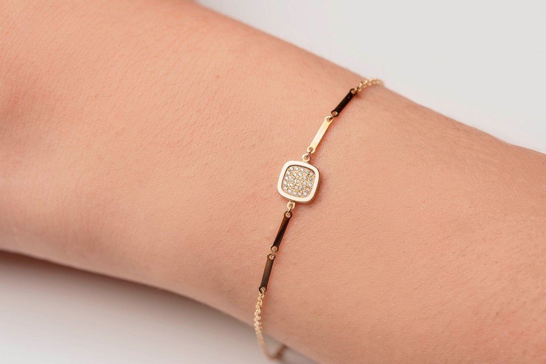 Square Charm Bracelet, CZ Gold Bracelet, 14K Gold Charm Bracelets, 40th ...