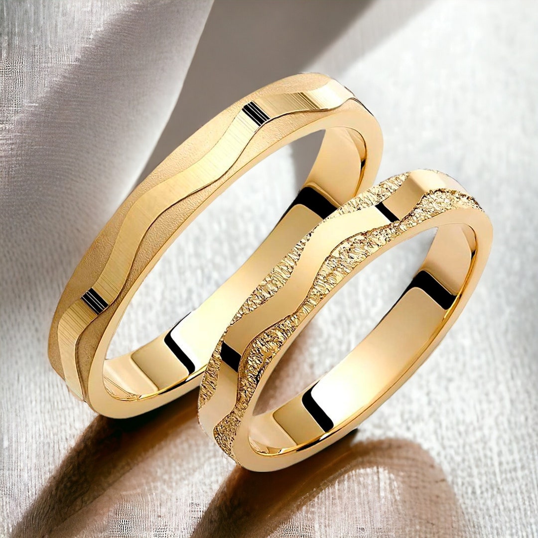 Wavy Wedding Band, Wedding Bands Set, Matching Rings, Engrave Band Ring ...