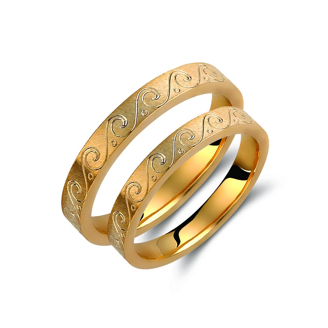 3mm Wedding Bands, Sea Waves Solid Gold Ring, His and Hers Rings ...
