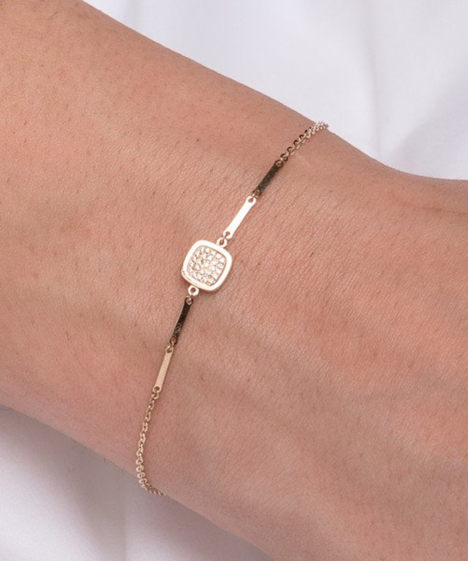 Square Charm Bracelet CZ Gold Bracelet 14K Gold Charm - Etsy