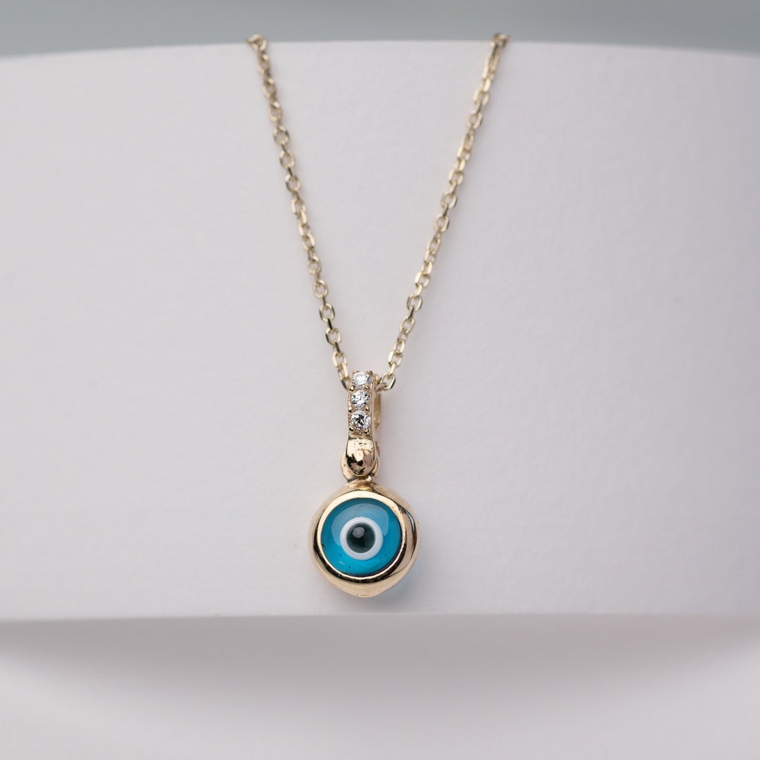 14k Solid Gold Evil Eye Necklace: Murano Glass Pendant, Cubic Zirconia ...