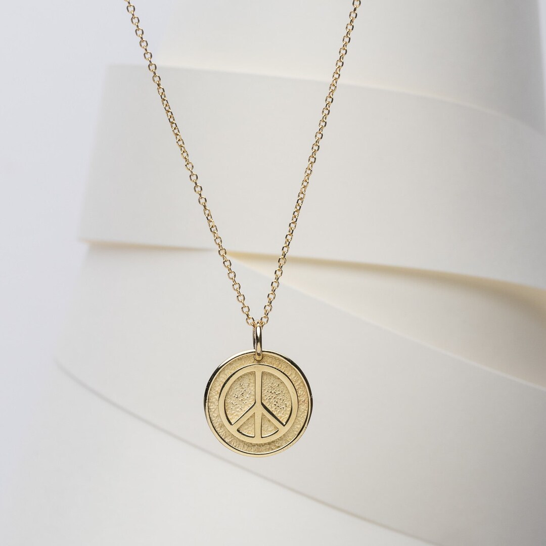 Dainty 14k Solid Gold Peace Symbol Necklace, Personalized Peace Symbol ...