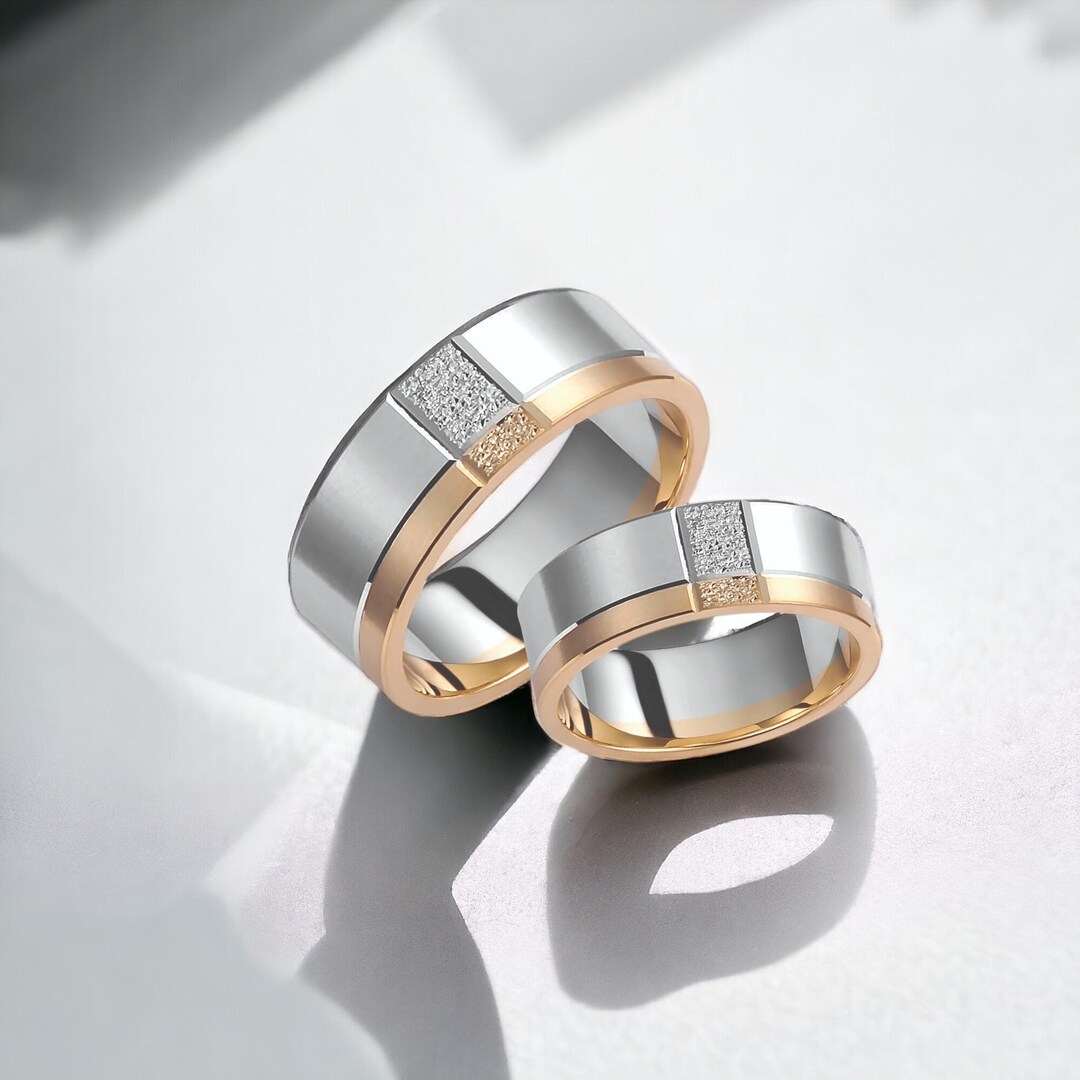 Two-tone Wedding Band, 7mm Wedding Bands Set, Diamond Cut Matching ...