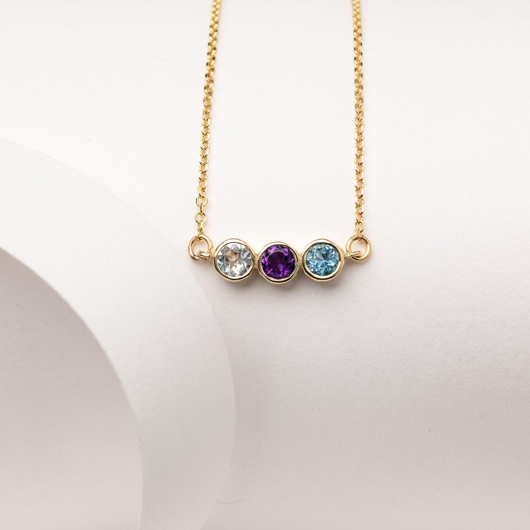 14K Solid Gold Birthstone Necklace: Personalized Gemstone Bezel Setting ...
