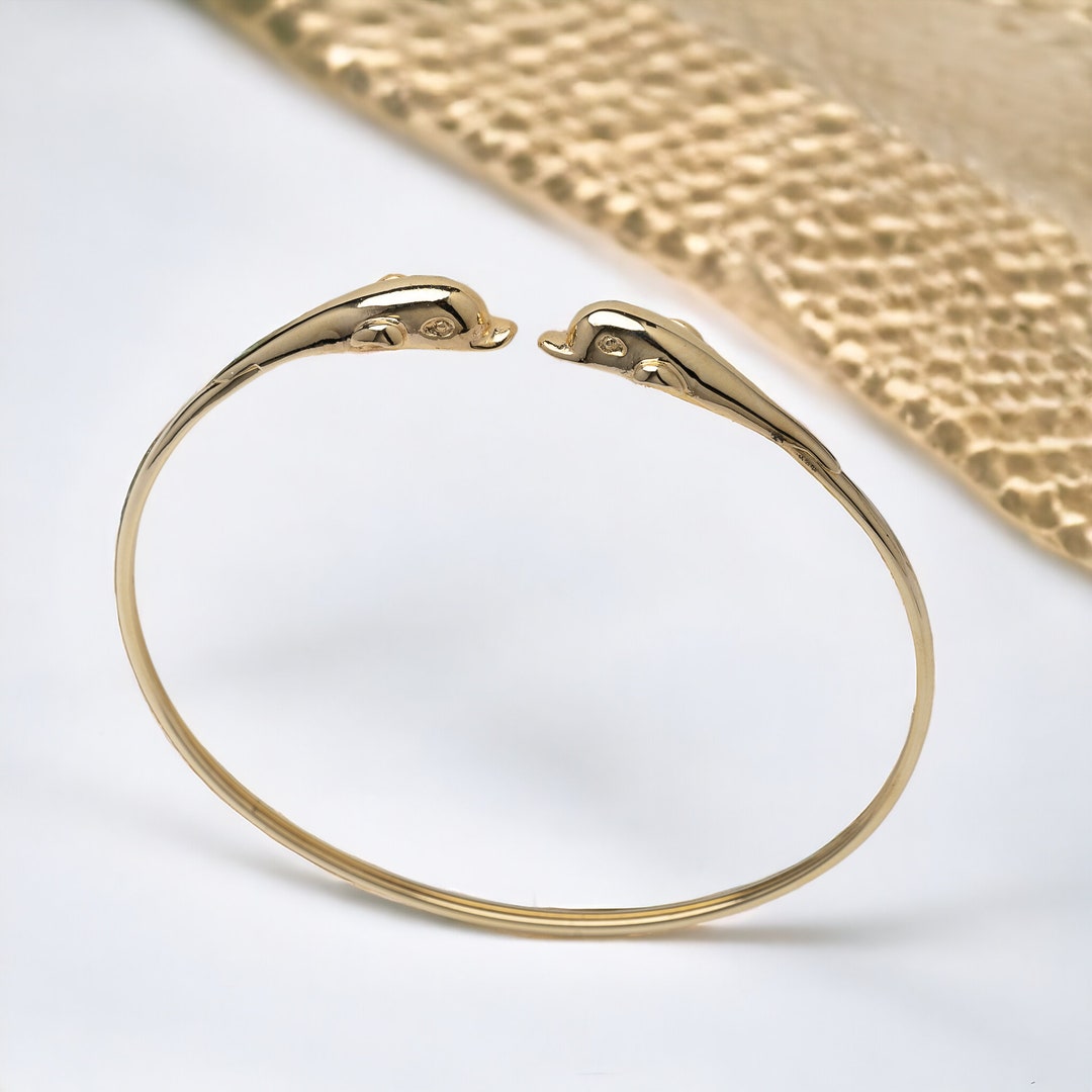 Dolphin Bracelet, 14K Solid Gold Bangle, Dolphin Lovers Bracelet ...