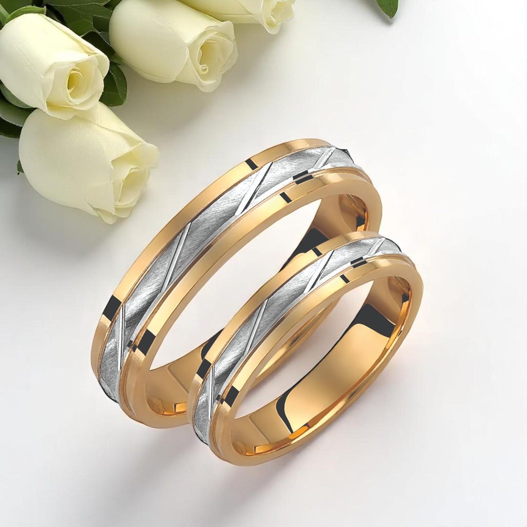 Two-tone Gold Wedding Band Set: 9k/14k/18k Matching Rings, Engraved - Etsy