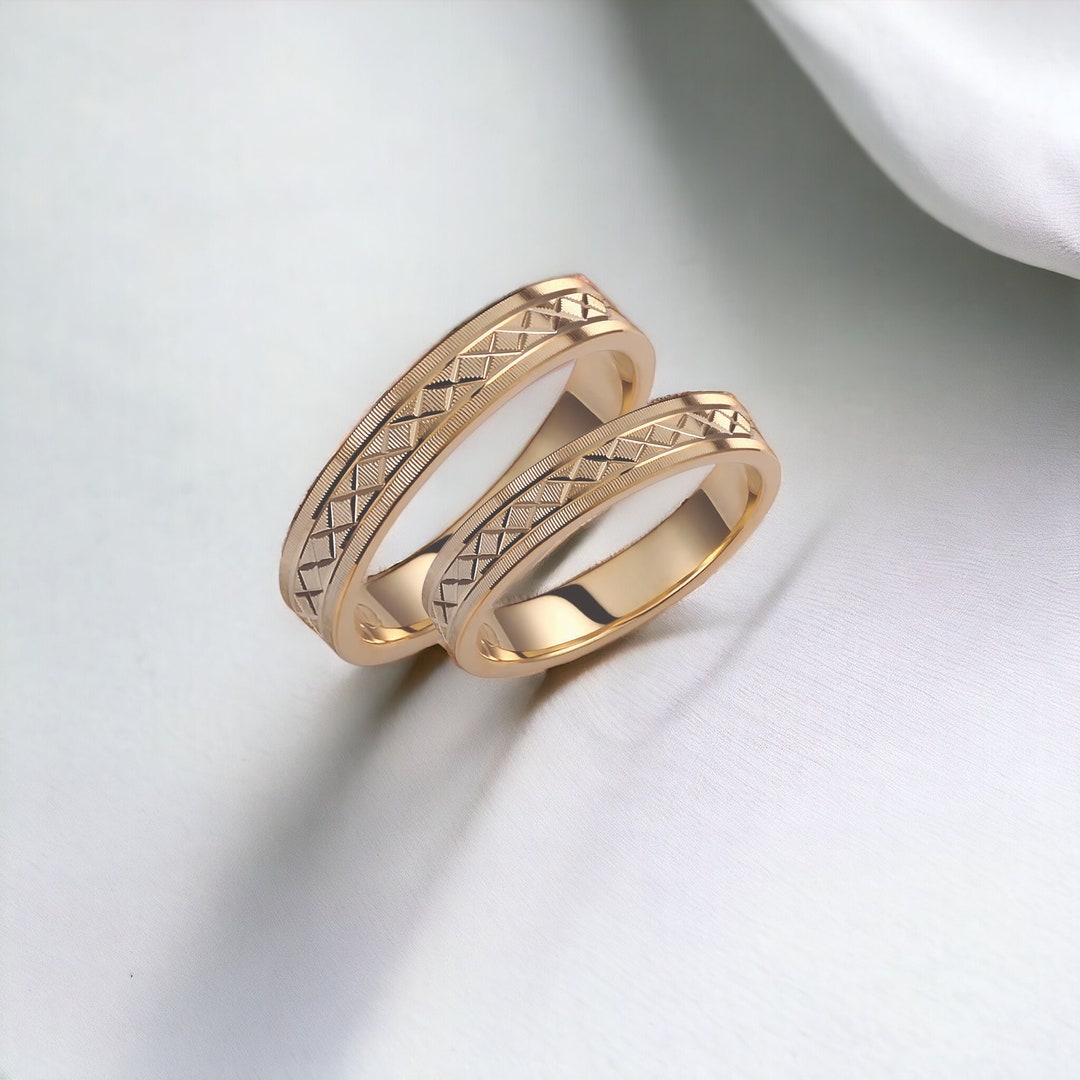 Ribbed Wedding Band Set, Wedding Bands Set, Matching Rings, Engrave ...