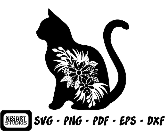 Floral Cat Svg, Cat Head With Flowers Svg, Cute Floral Cat Svg, Kitty ...