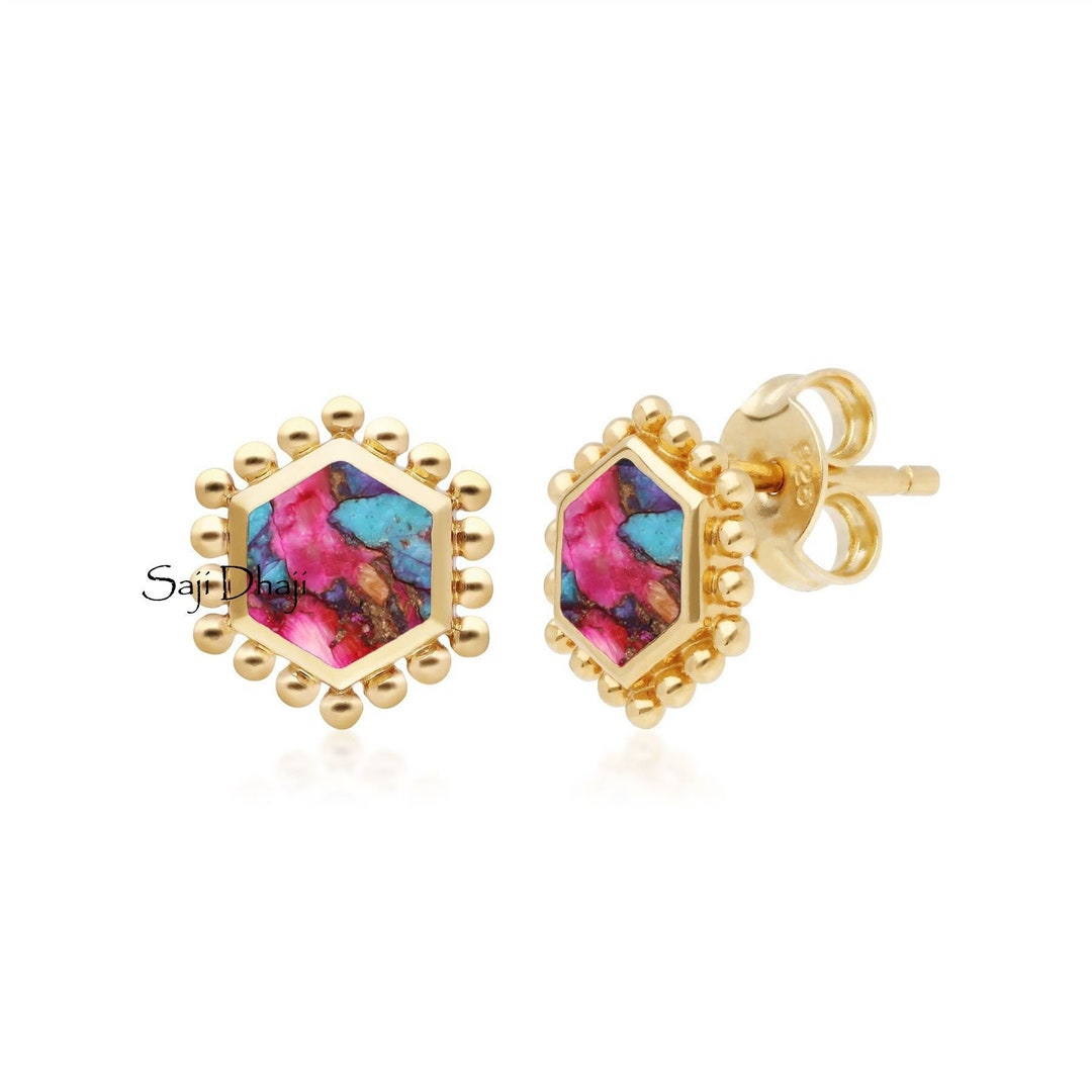Mix Oyster, Dahlia Turquoise Hexagon Shape, Gemstone Bezel, Stud Earrings, 18k Gold Plated ...