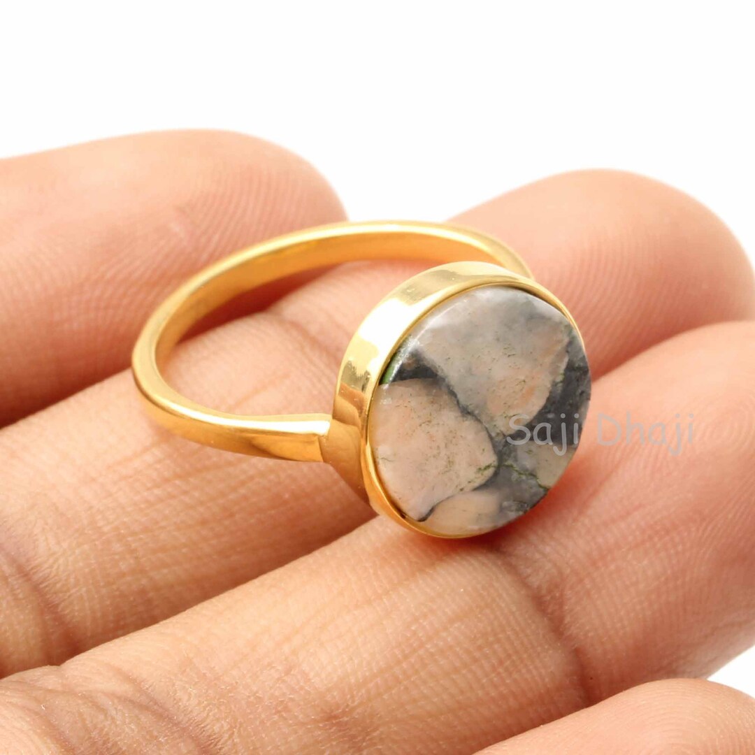 White Calcite Round Gemstone Ring, 925 Sterling Silver Gold Plated Ring ...