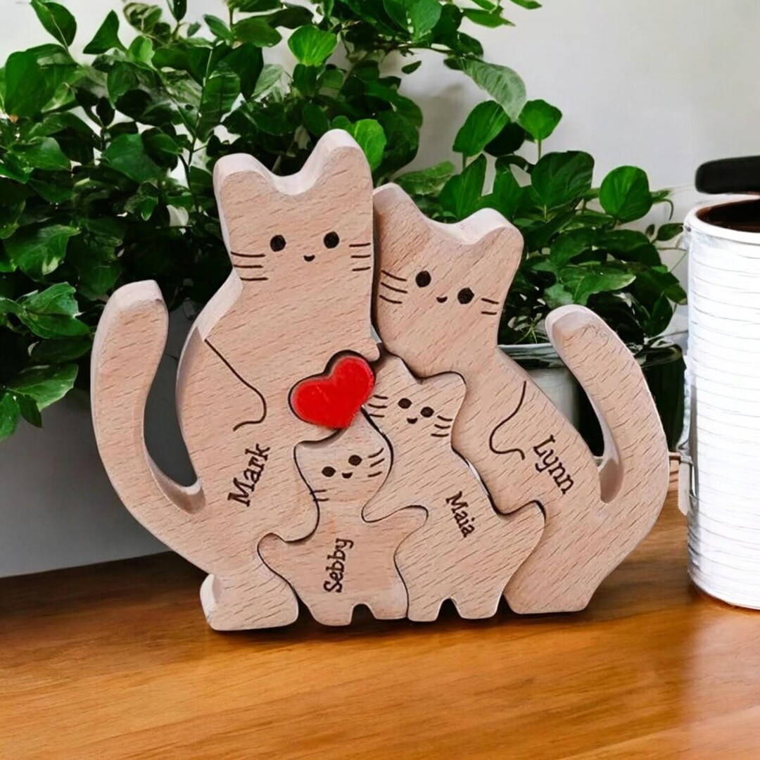 Personalised Wooden Cat Family Puzzle - Wooden Family Decor - Cat Lover ...