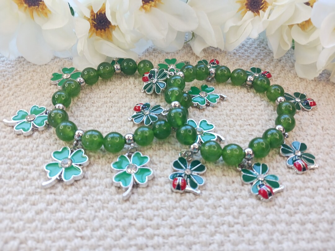 Four-leaf Clover Jade Rhinestone & Enamel Charm Bracelet 10mm Adult ...