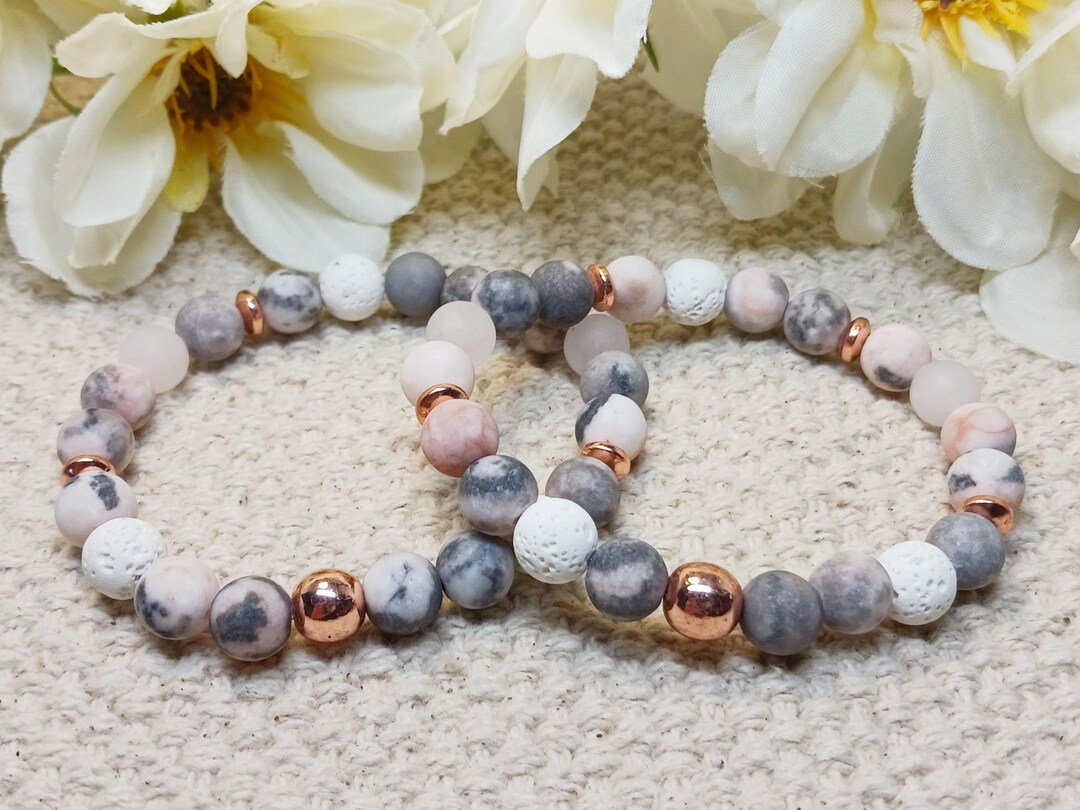 Aromatherapy Pink Zebra Stone & Rose Quartz Bracelet Grade A Genuine ...