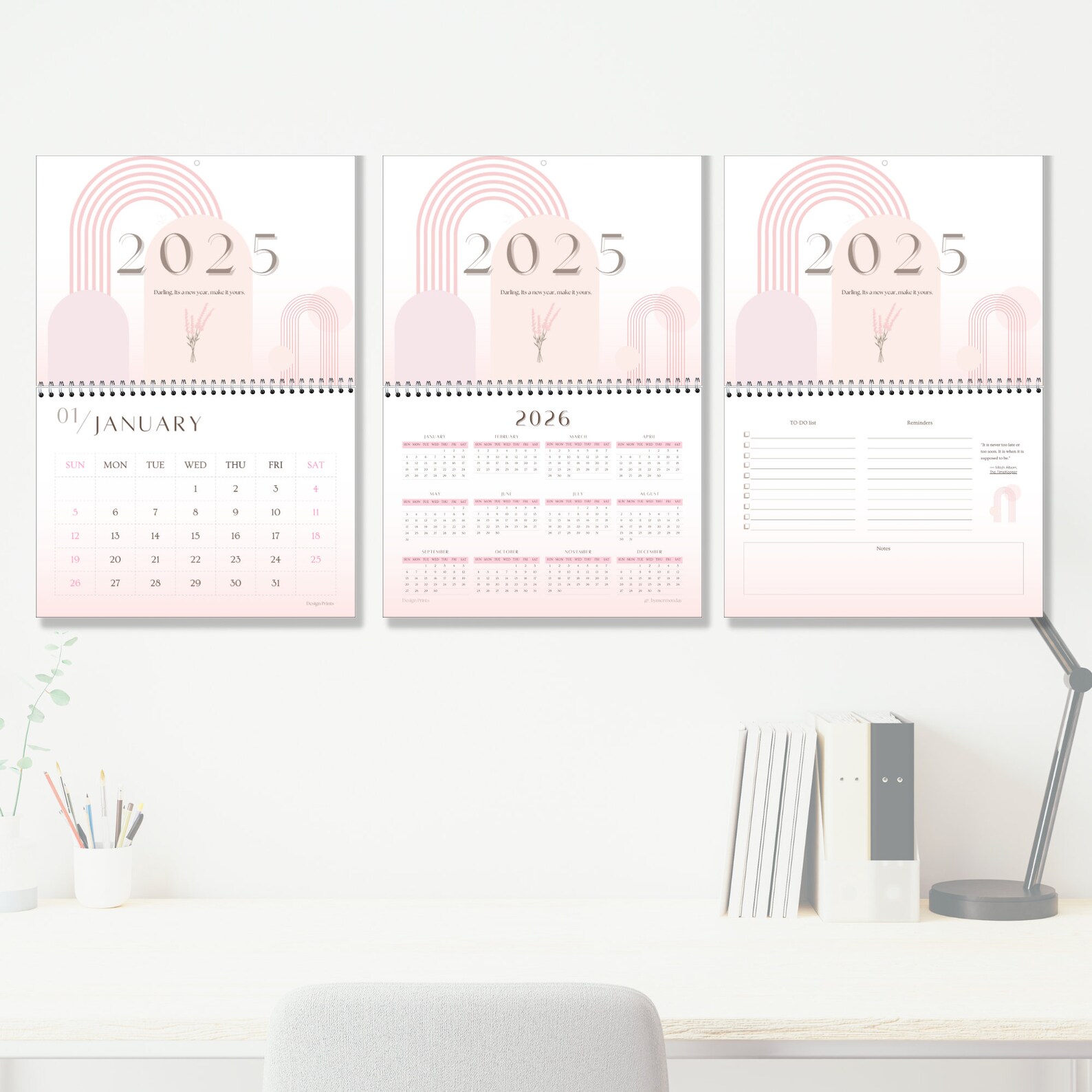 2025 Pink Minimalist Wall Desk Calendar editable Template Canva ...