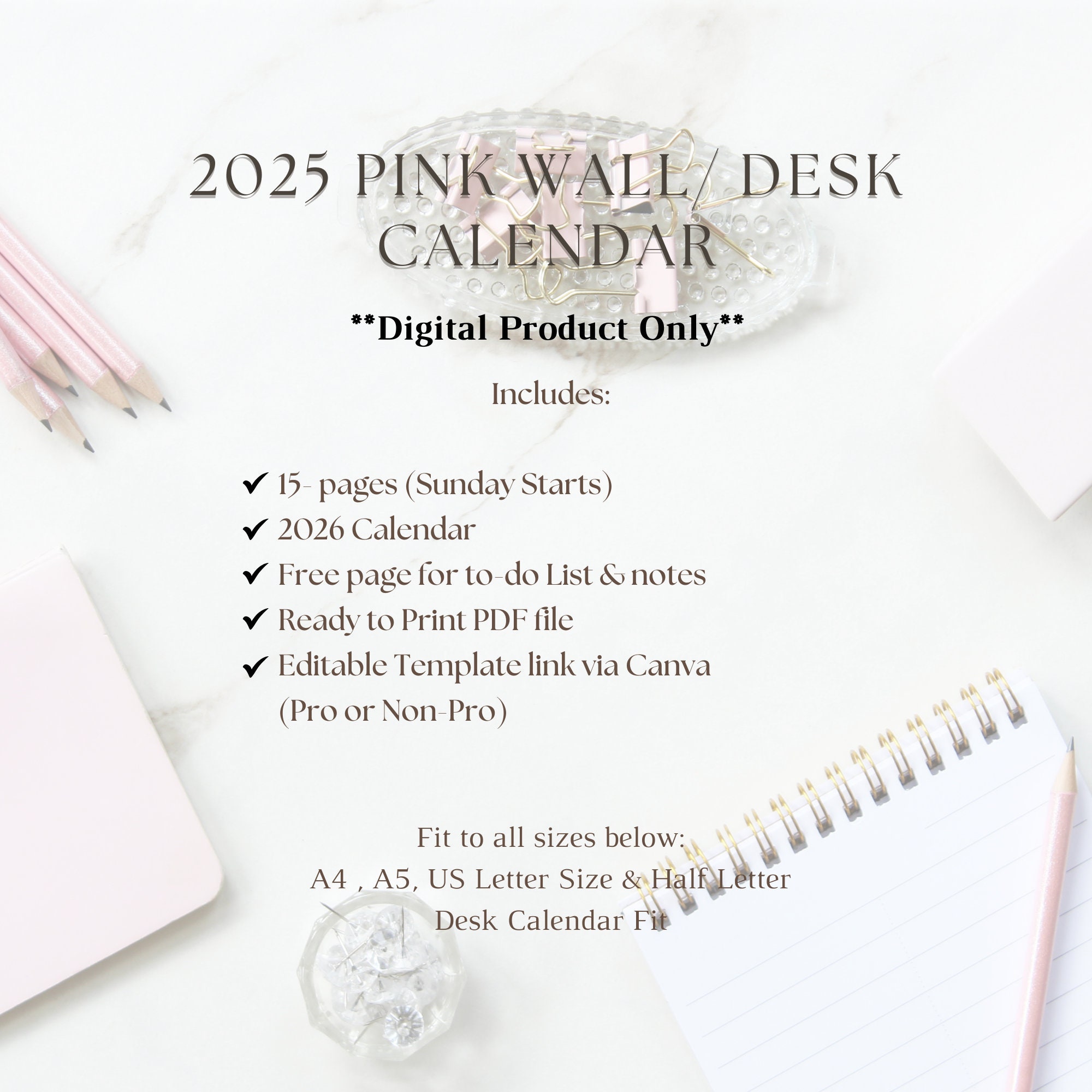 2025 Pink Minimalist Wall Desk Calendar editable Template Canva ...