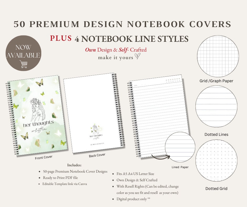 50 Premium Notebook Covers PLUS Notebook Lines Printable Editable ...
