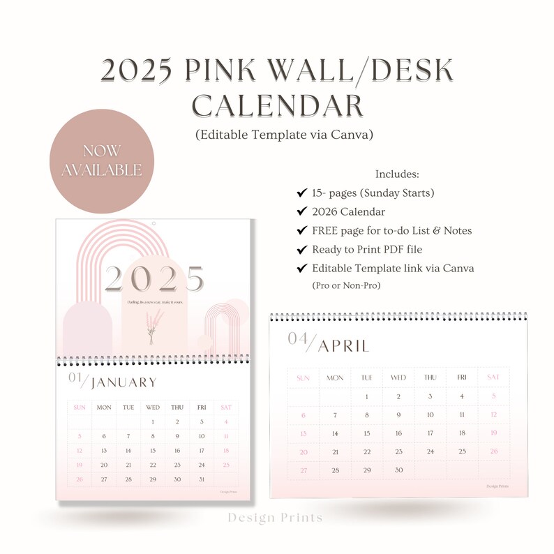 2025 Pink Minimalist Wall Desk Calendar editable Template Canva ...