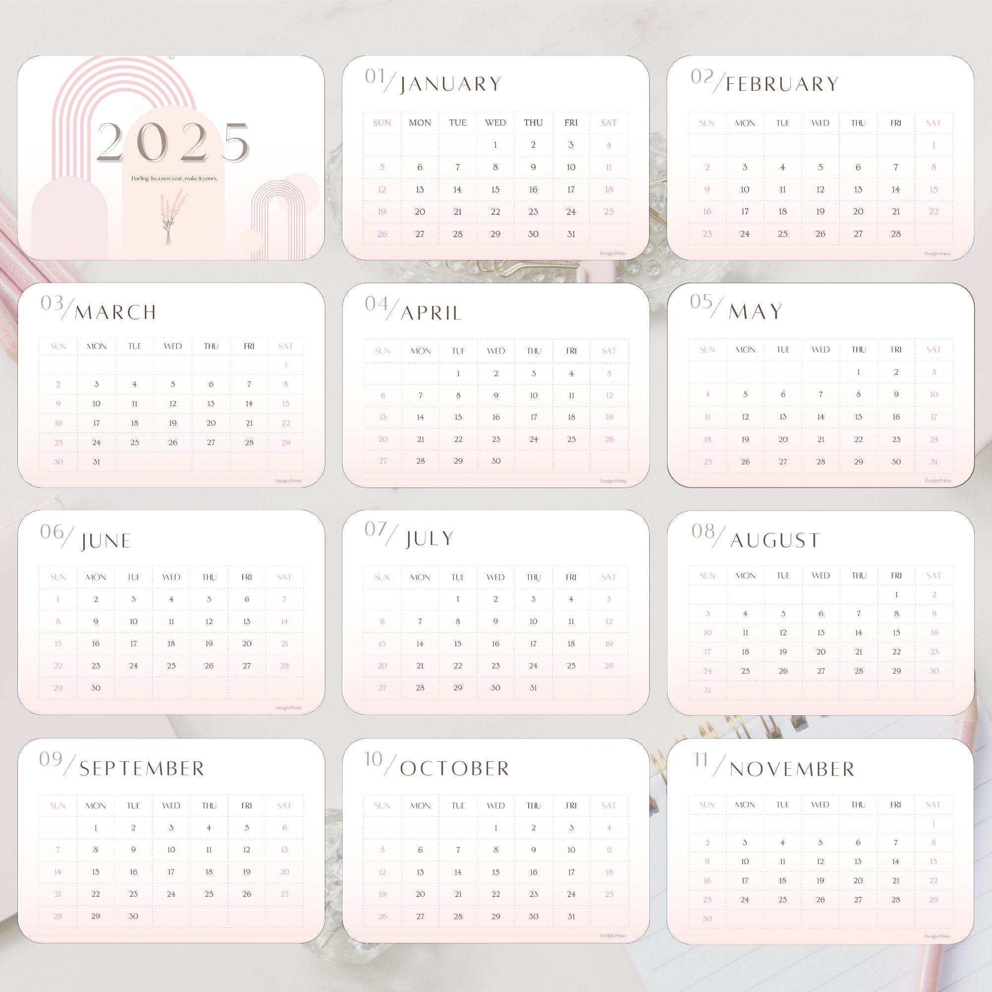 2025 Pink Minimalist Wall Desk Calendar editable Template Canva ...