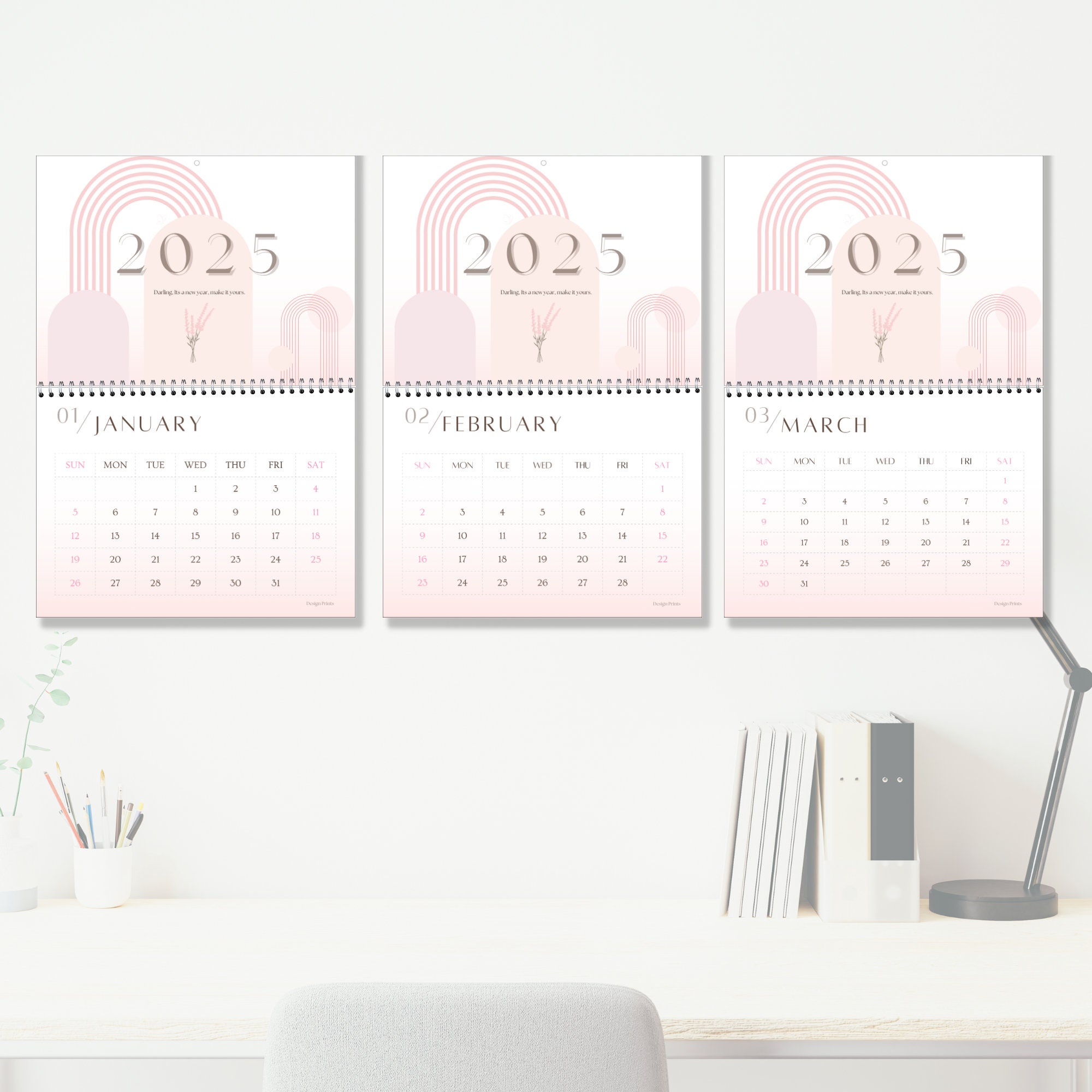 2025 Pink Minimalist Wall Desk Calendar editable Template Canva ...