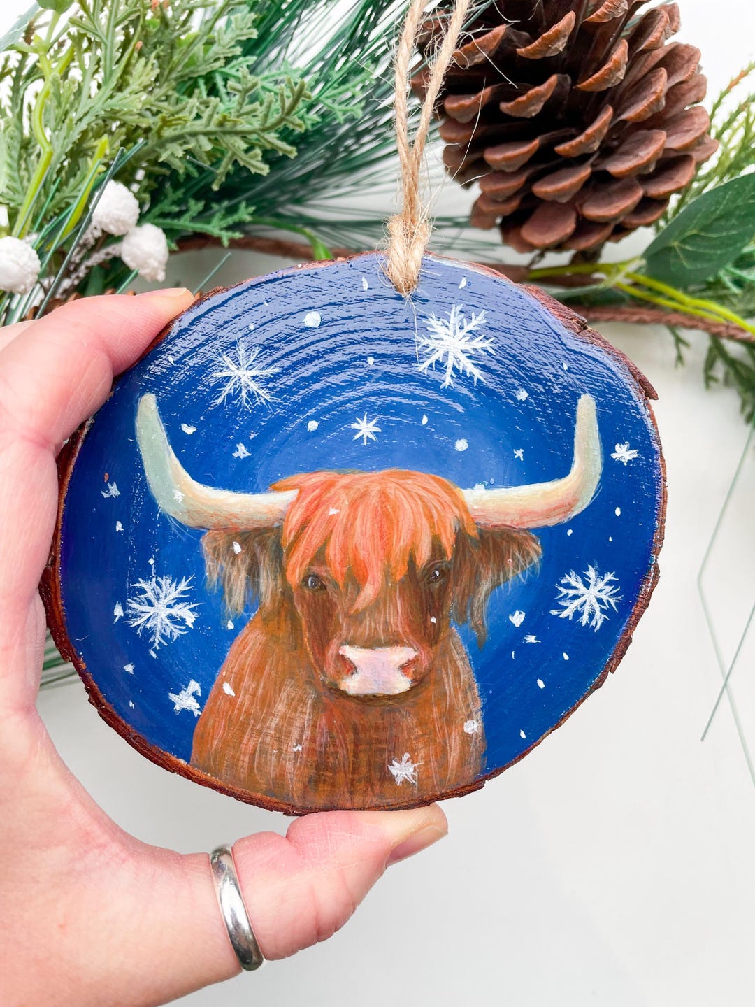 Hand-painted Highland Cow Wood Slice Ornament With Winter Snowflakes ...