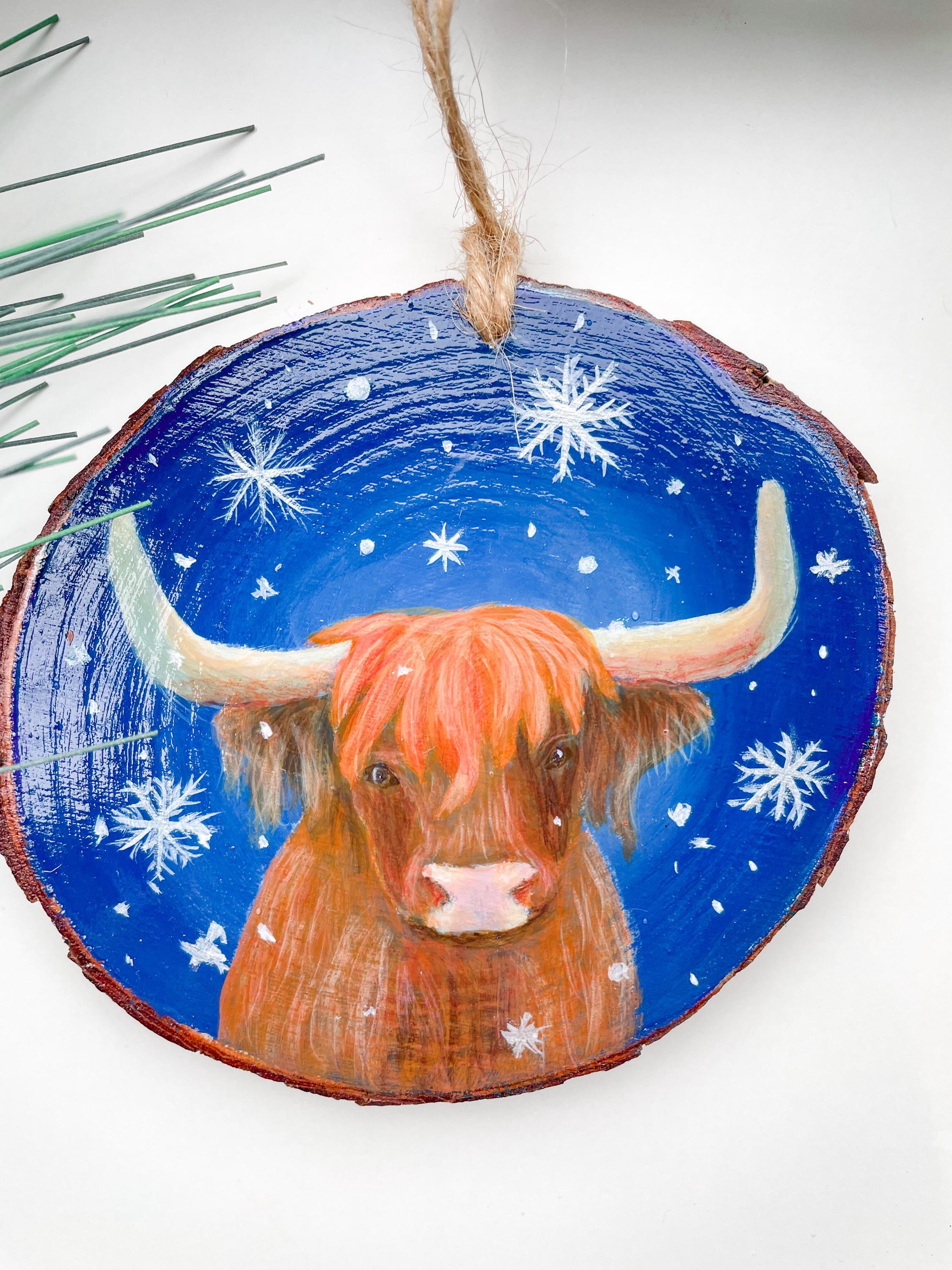 Hand-painted Highland Cow Wood Slice Ornament With Winter Snowflakes ...