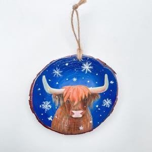 Hand-painted Highland Cow Wood Slice Ornament With Winter Snowflakes ...