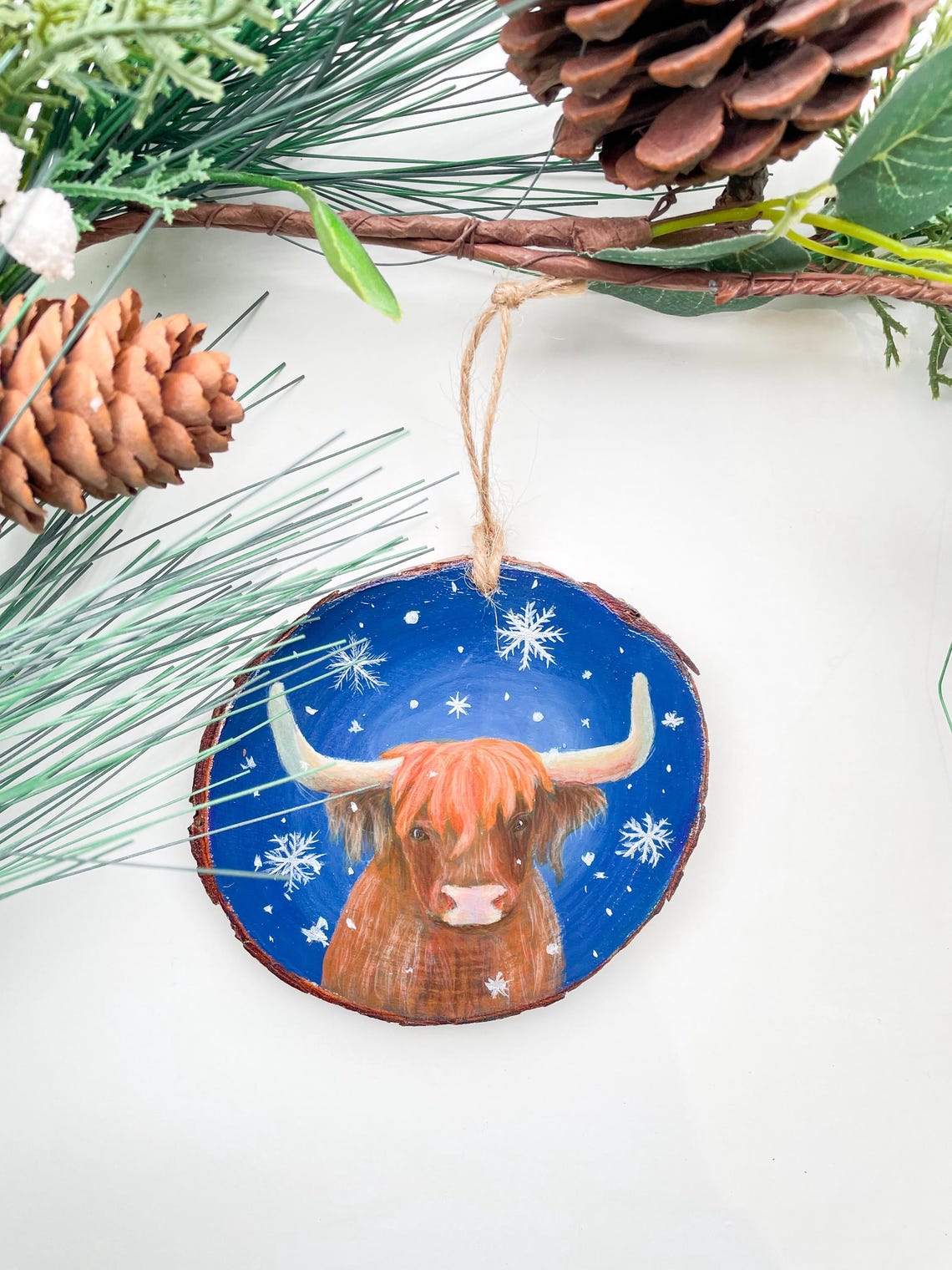 Hand-painted Highland Cow Wood Slice Ornament With Winter Snowflakes ...