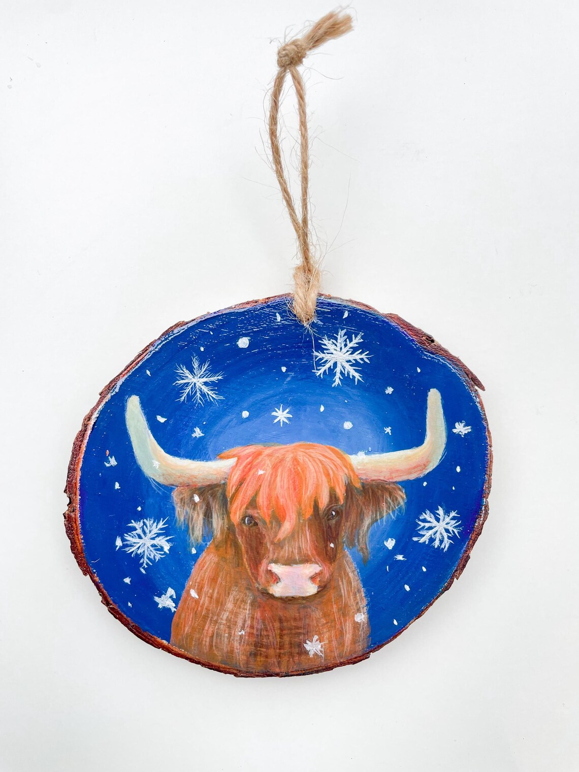 Hand-painted Highland Cow Wood Slice Ornament With Winter Snowflakes ...