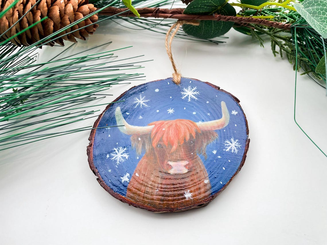 Hand-painted Highland Cow Wood Slice Ornament With Winter Snowflakes ...