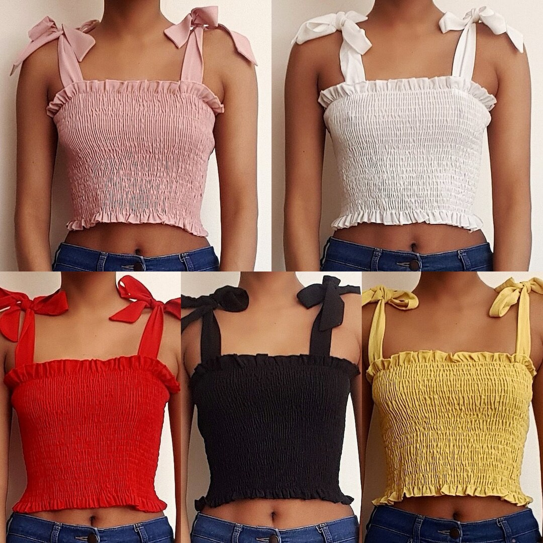Cute Crinkle Ruffle Bow Tie Strap Crop Top Black White Yellow Etsy Uk