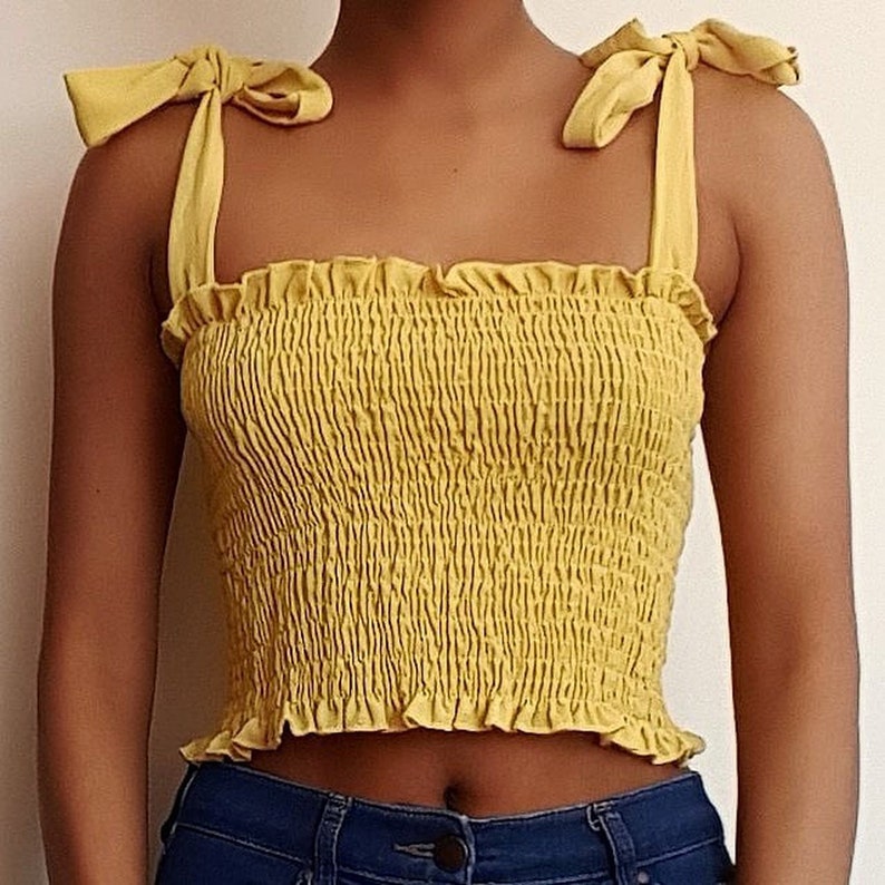 Cute Crinkle Ruffle Bow Tie Strap Crop Top Black White Yellow Etsy Uk