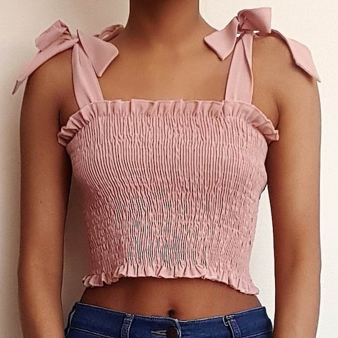 Cute Crinkle Ruffle Bow Tie Strap Crop Top Black White Yellow Etsy