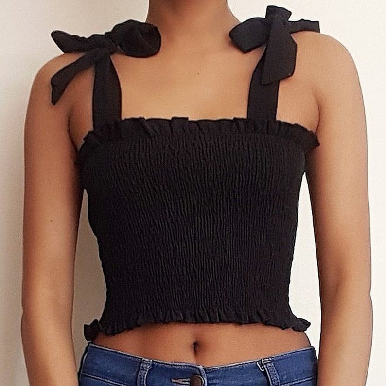 Cute Crinkle Ruffle Bow Tie Strap Crop Top Black White Yellow Etsy Uk