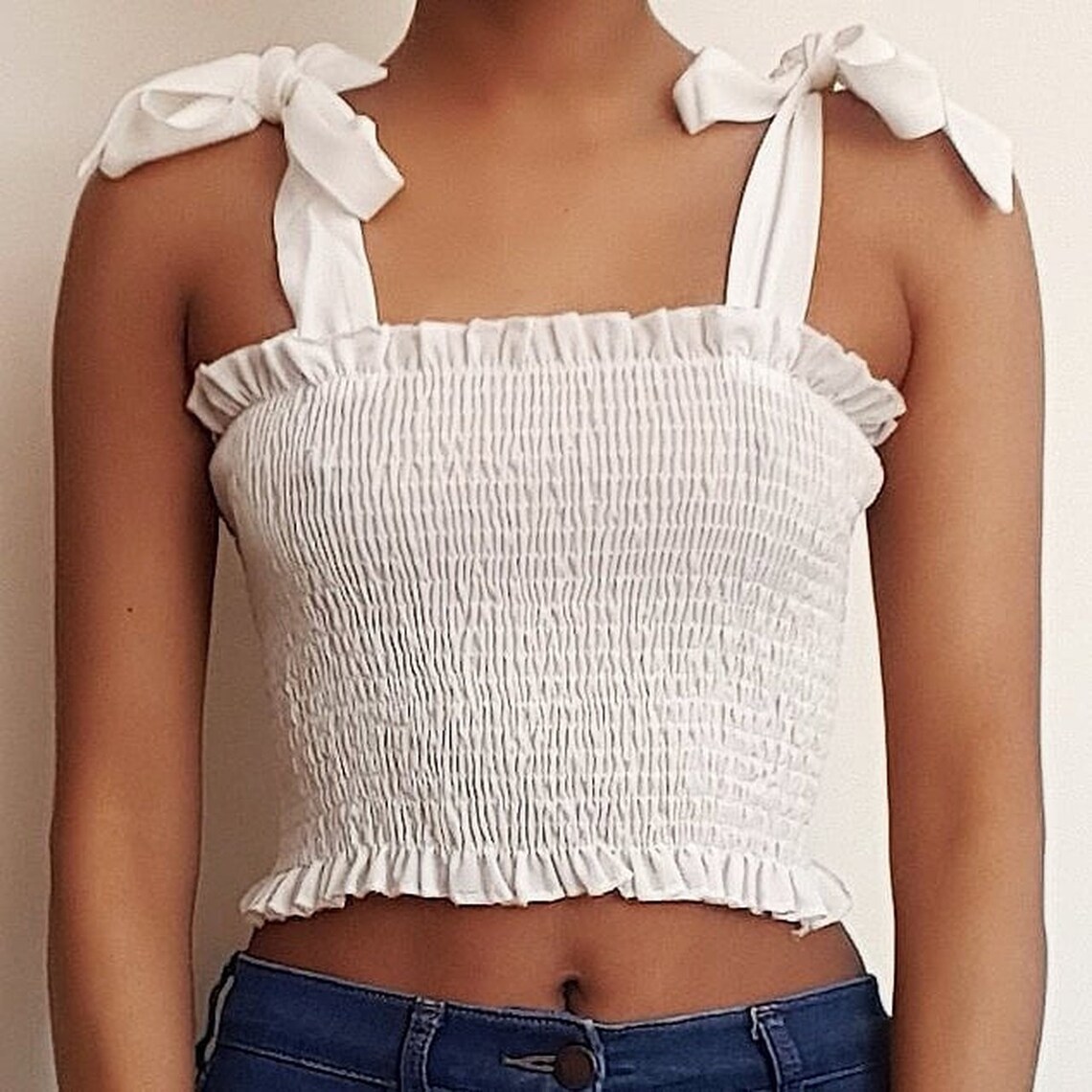 Cute Crinkle Ruffle Bow Tie Strap Crop Top Black White Yellow Etsy Uk