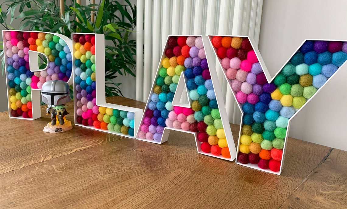 Rainbow Felt Ball Letter PLAY Wooden Fillable Letter - Etsy