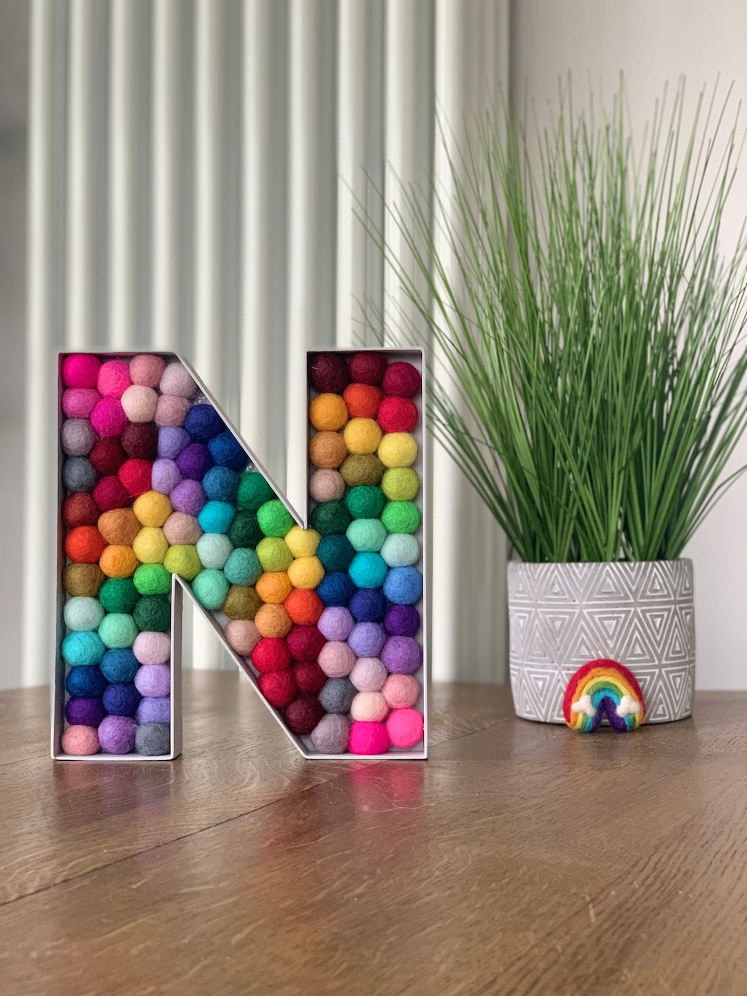 Rainbow Felt Ball Letter N Pompom Wooden Fillable Alphabet Letter ...