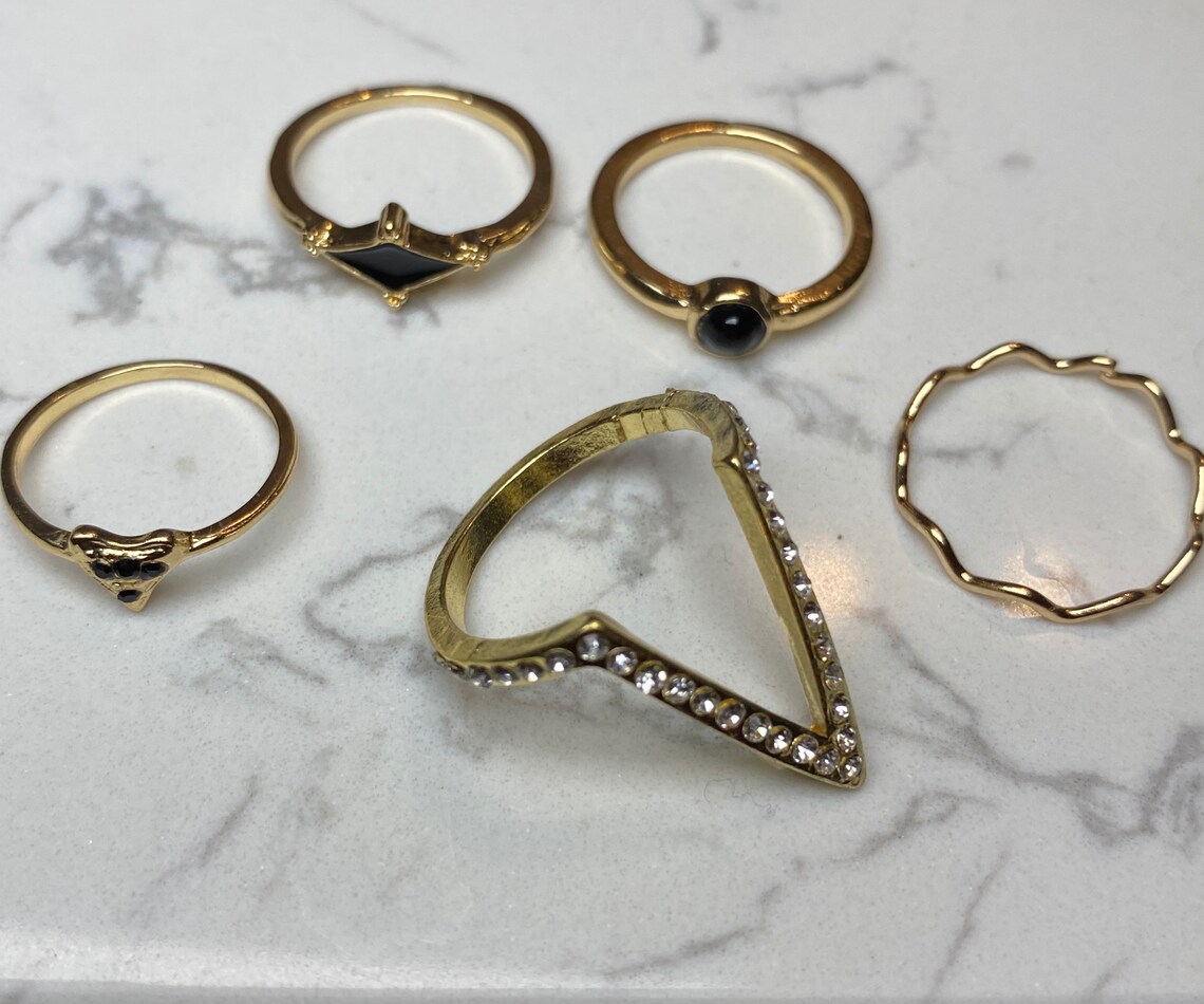 Set of 5 Gold Stackable Bohemian Chic Earrings, Black Gemstone and Bear ...