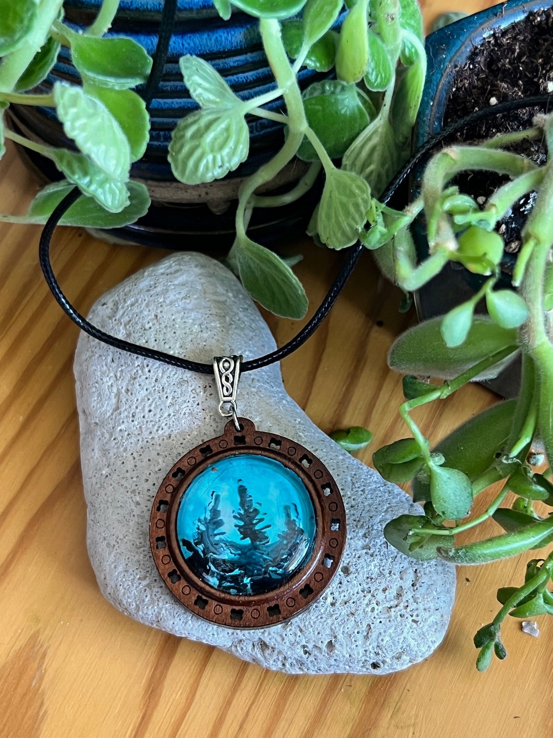 Mountain Shadows Wooden Pendant with Black Corded Necklace - Etsy