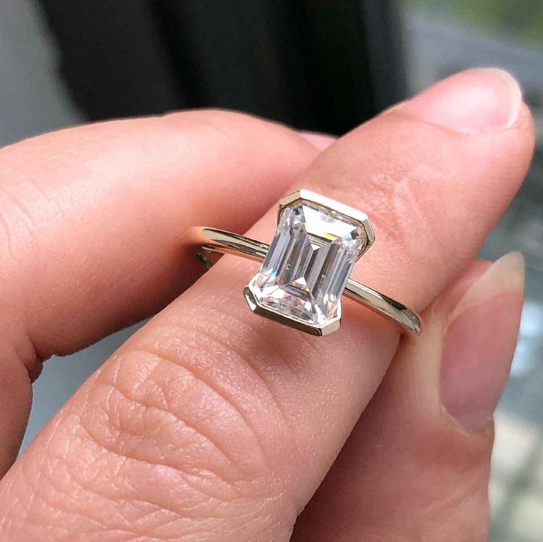 Unique Half-bezel Setting Ring 1.70CT Emerald Cut Moissanite Engagement ...