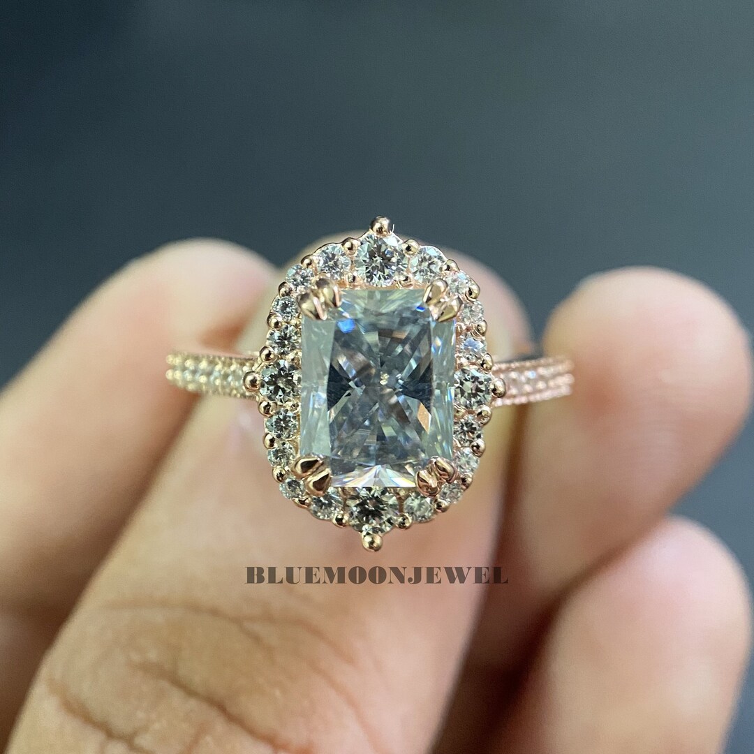 Gray Radiant Cut Moissanite Halo Engagement Ring in Rose Gold - Etsy