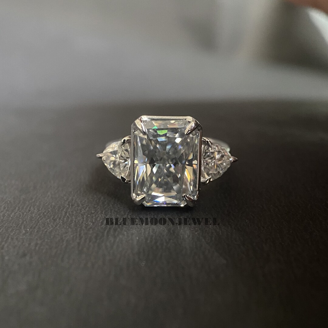 Grey Radiant Moissanite Engagement Ring, Three Stone Gray Moissanite ...