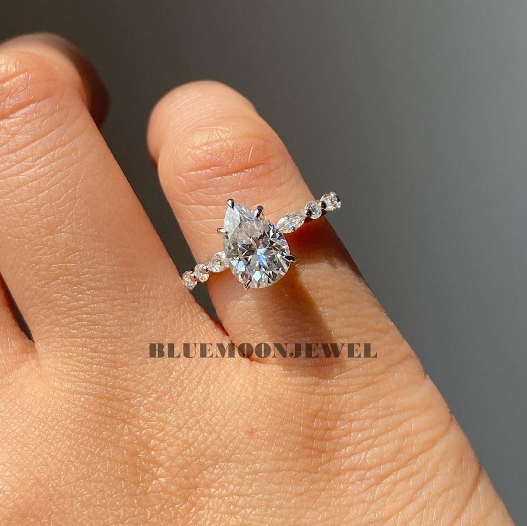 Pear Cut Pave Moissanite Engagement Ring, Half Eternity Classic 4 ...