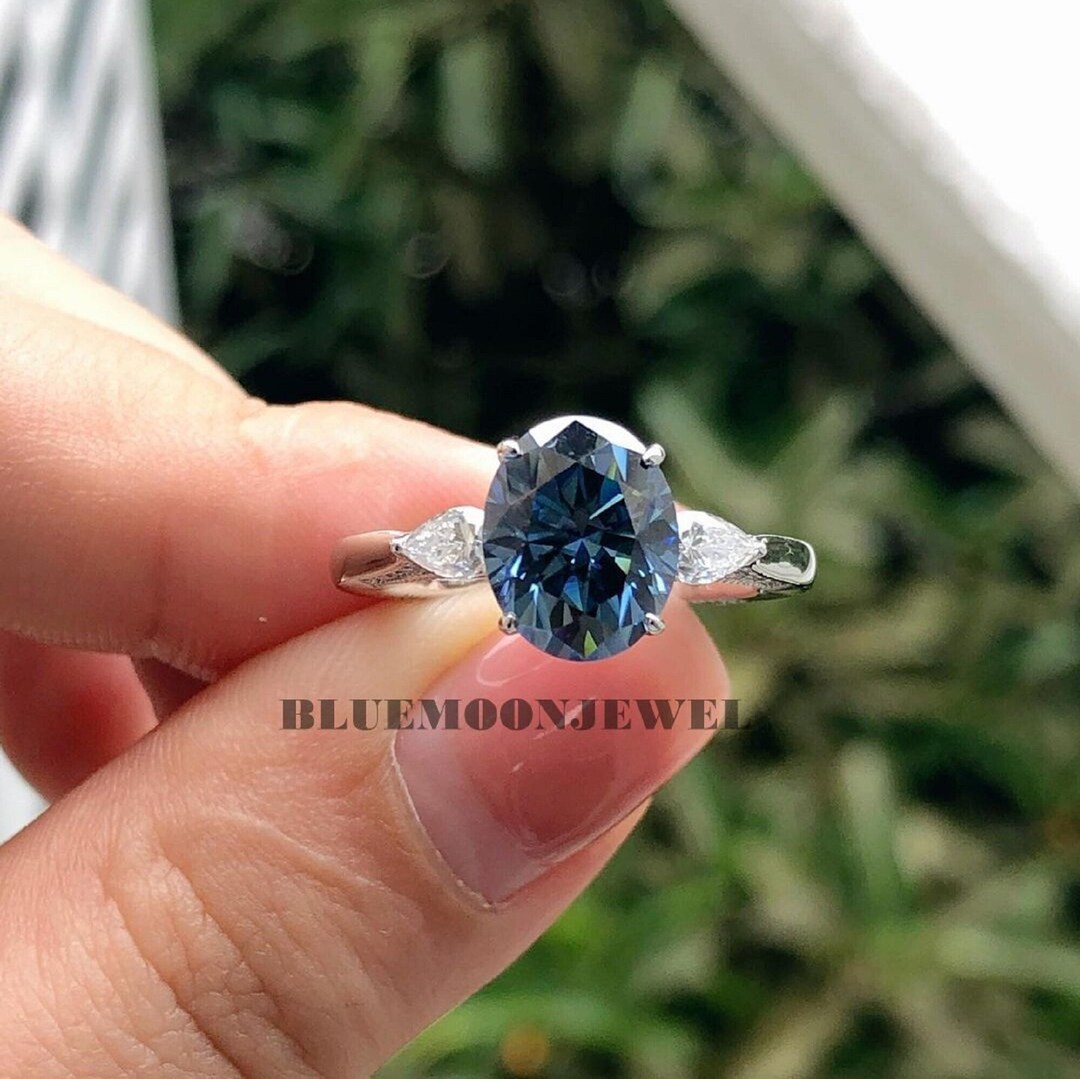 Royal Blue Oval Moissanite Three Stone Hidden Halo Ring Art Deco Design ...