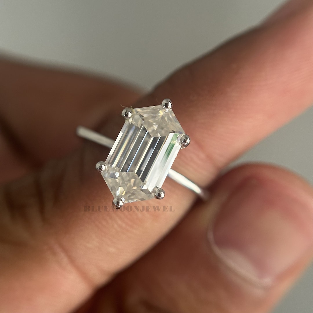 Elongated Hexagon Cut Moissanite Ring, Secret Halo Engagement Ring ...