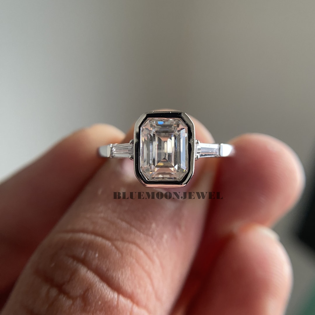 Emerald Bezel Set Three Stone Ring, Tapered Baguette Diamond Side Stone ...