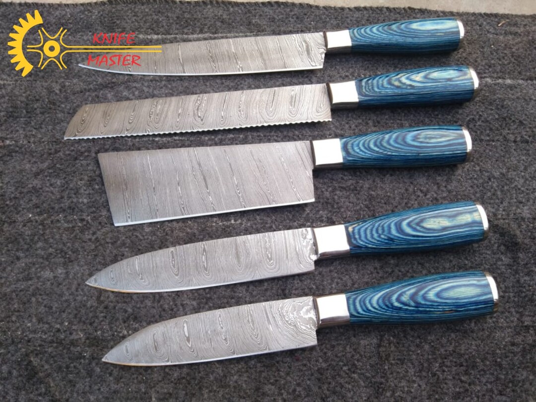 Maßgefertigt Damaskus Stahl Chef Messer Set 5 Stück mit Lather Roll ...