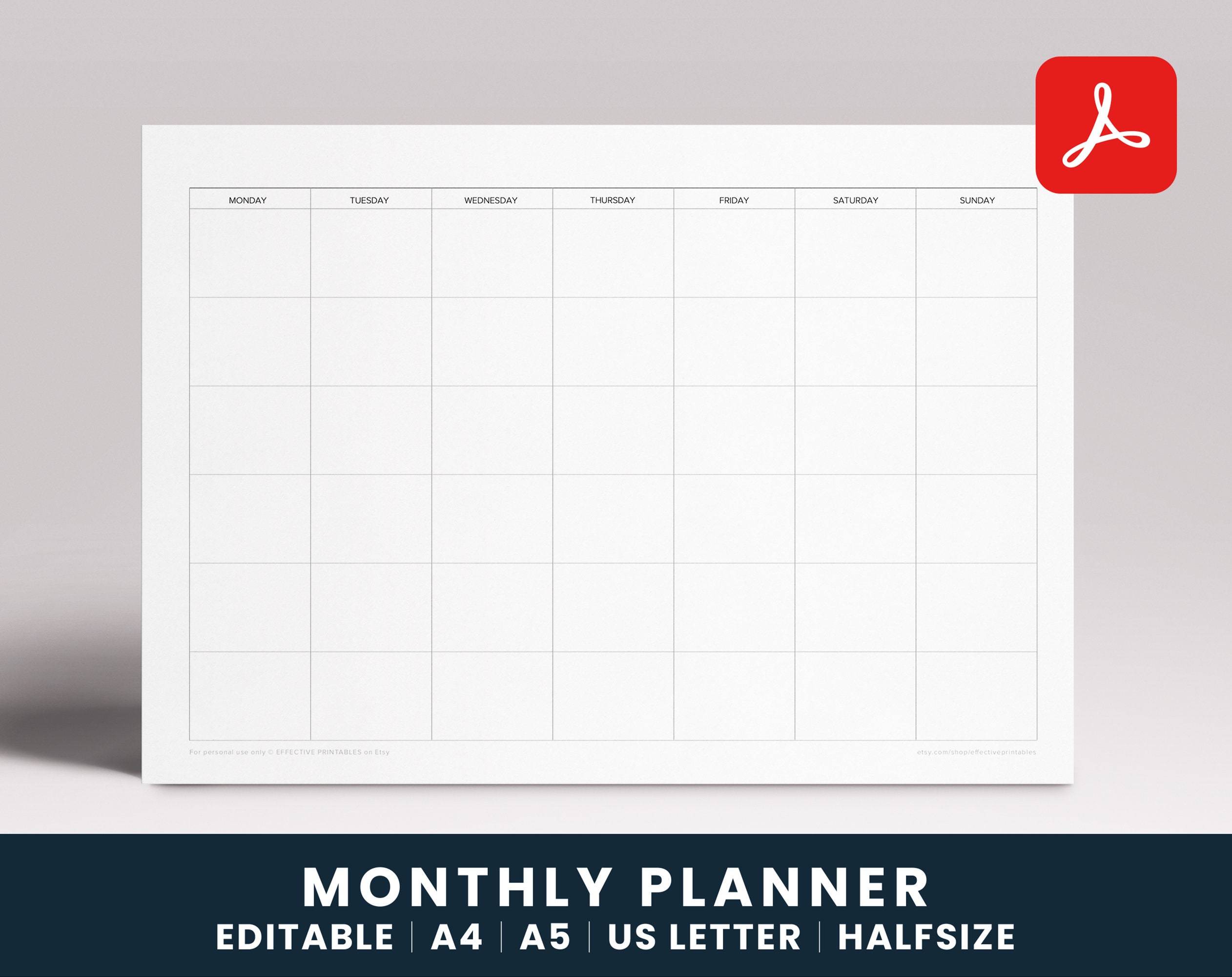 Monthly Planner Printable Half Size, A5, Letter Size, A4 Calendar ...