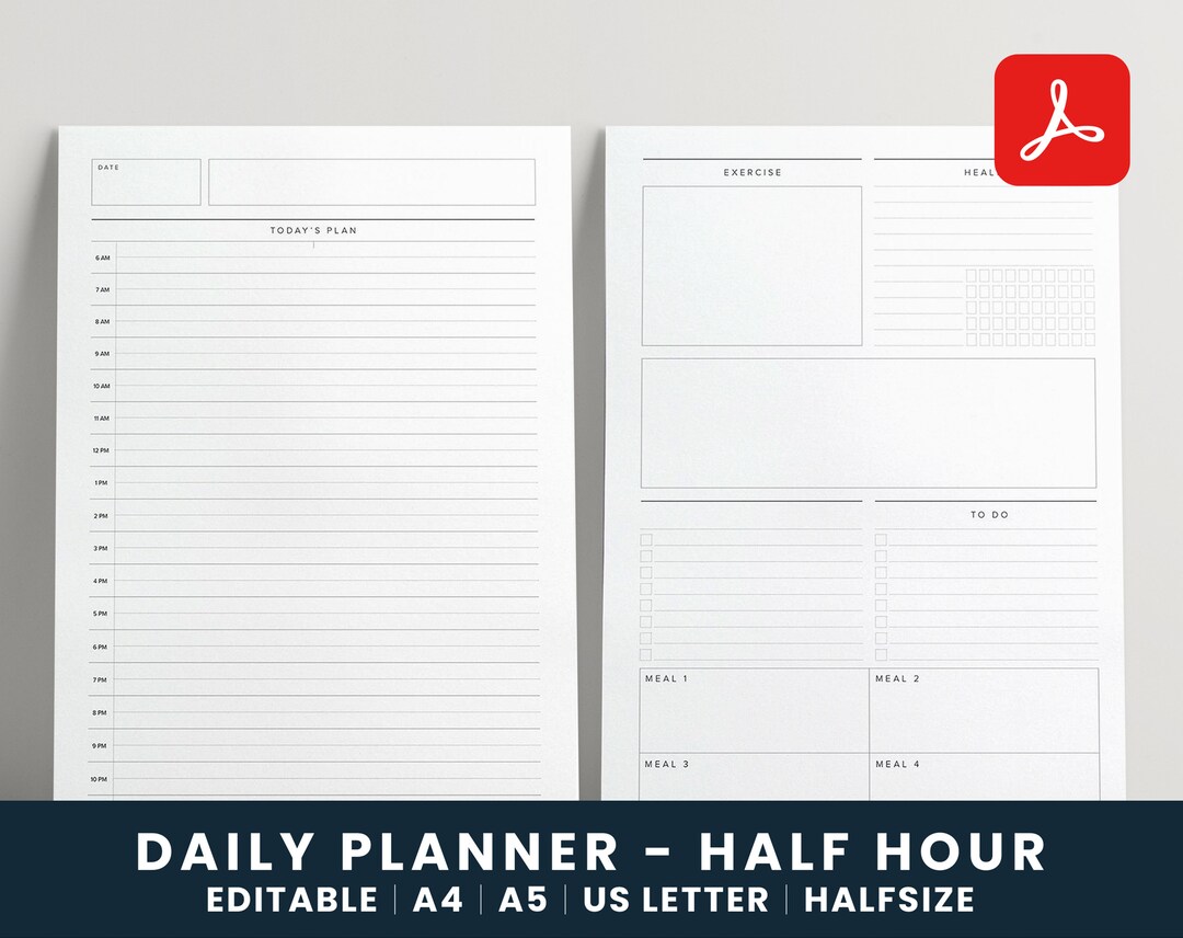 Daily Printable Planner, Editable Pdf Half Hour Day on Two Pages Daily ...