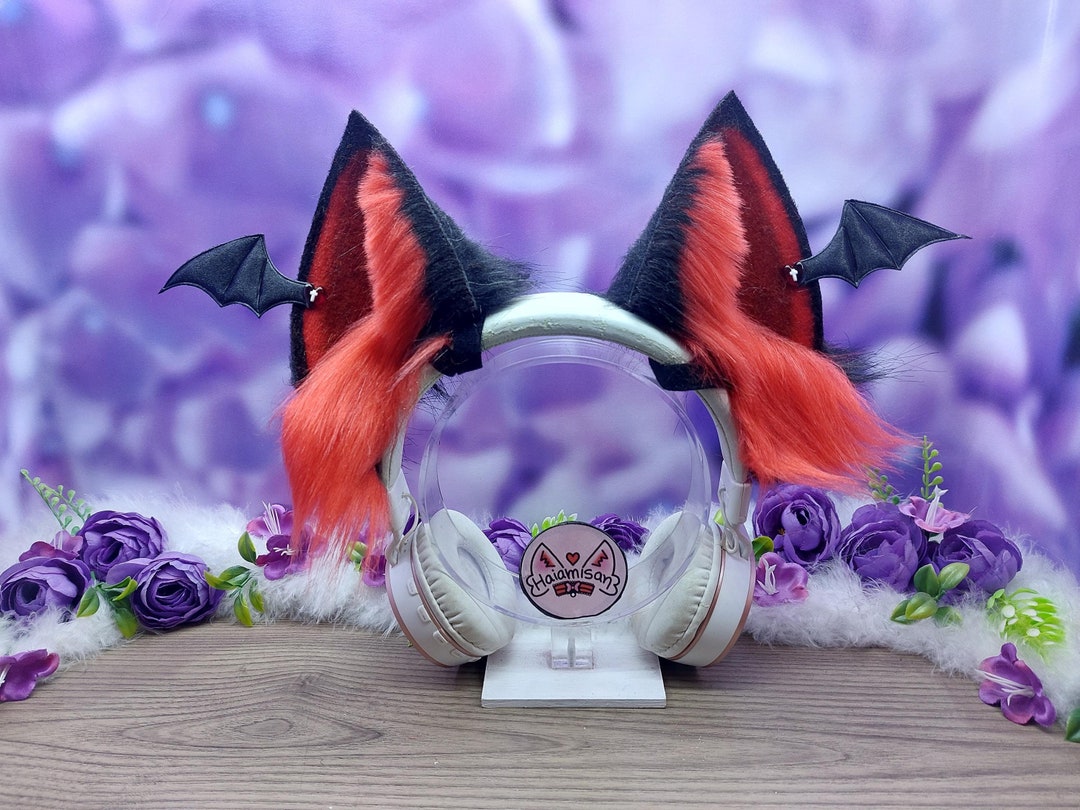 Red and Black Fox Ears for Headphones With Bat Wings Gothic | Nekomimi ...